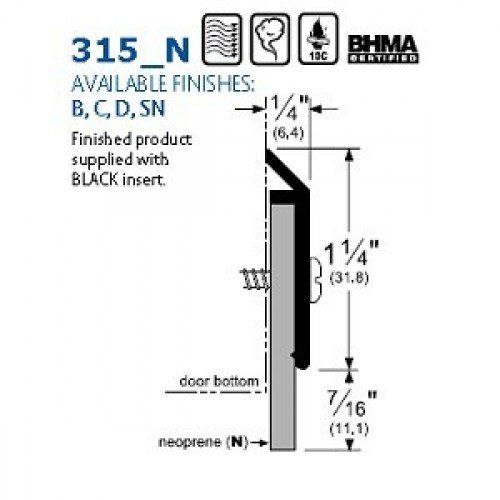 Pemko-315CN48 Door Bottom Sweep, Clear Anodized Aluminum with Black Neoprene Insert, 0.25" W x x 1.6875" H x 48" L