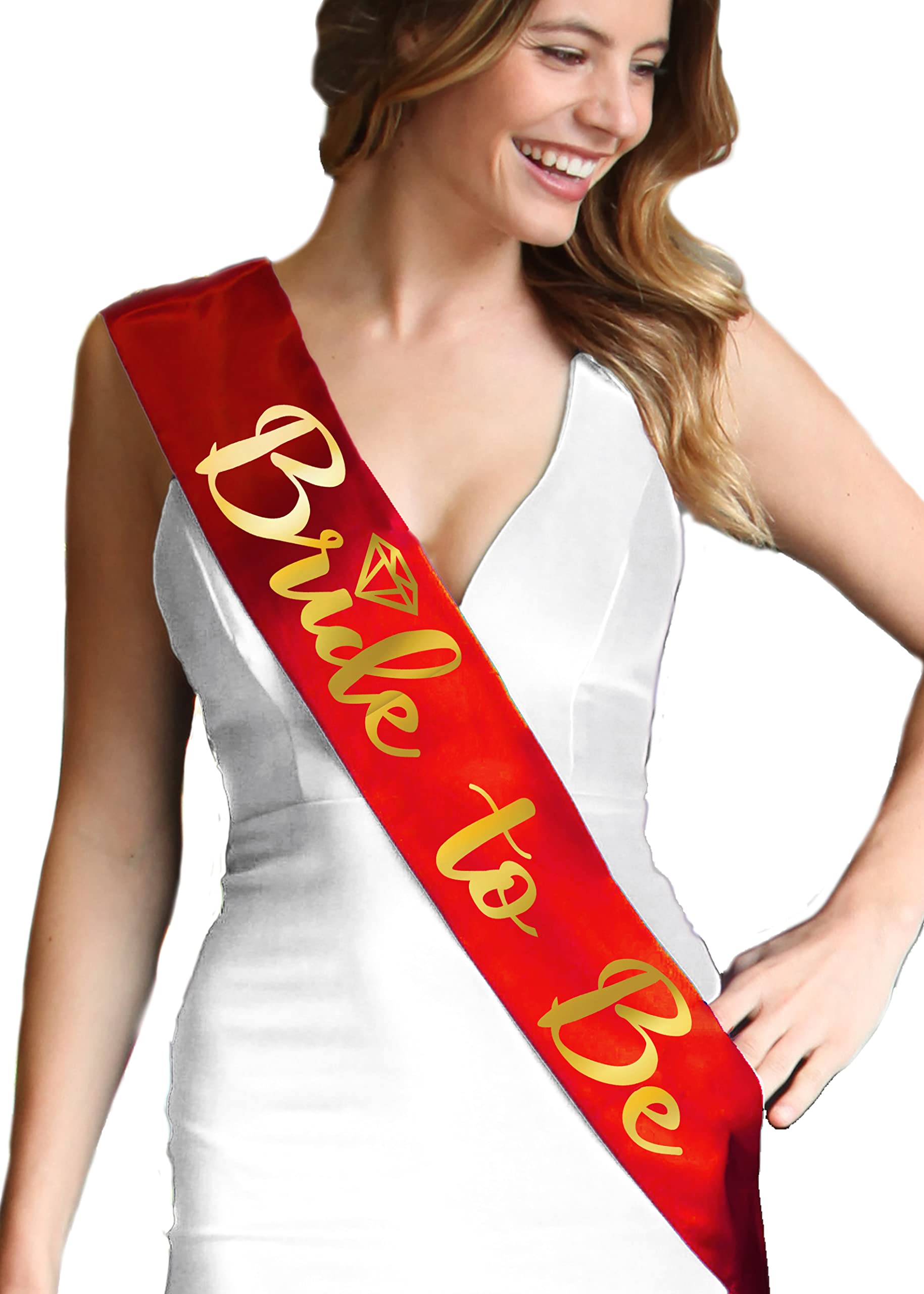 Red Bride Sash - Metallic Gold Luxury Bride To Be with Diamond Bridal Sash - Bachelorette Party Decorations Red Sash(B2BDiam Gld) RED