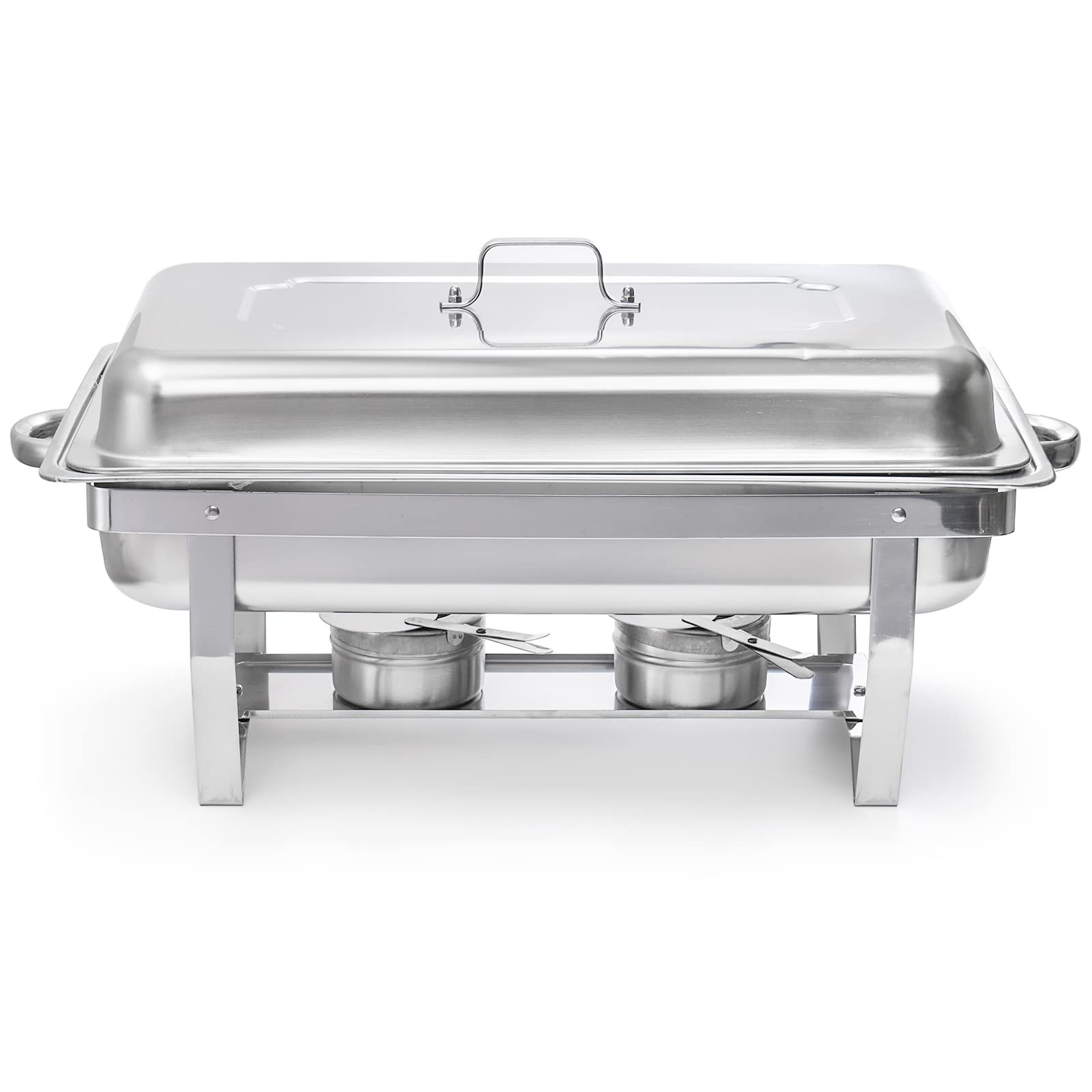 Fasmov Chafing Dish Buffet Set, 8 Quart Stainless Steel Catering Serve Chafer, Restaurant Food Warmer, Rectangular Buffet Stove with 2 Half Size Food Pans and Folding Frame