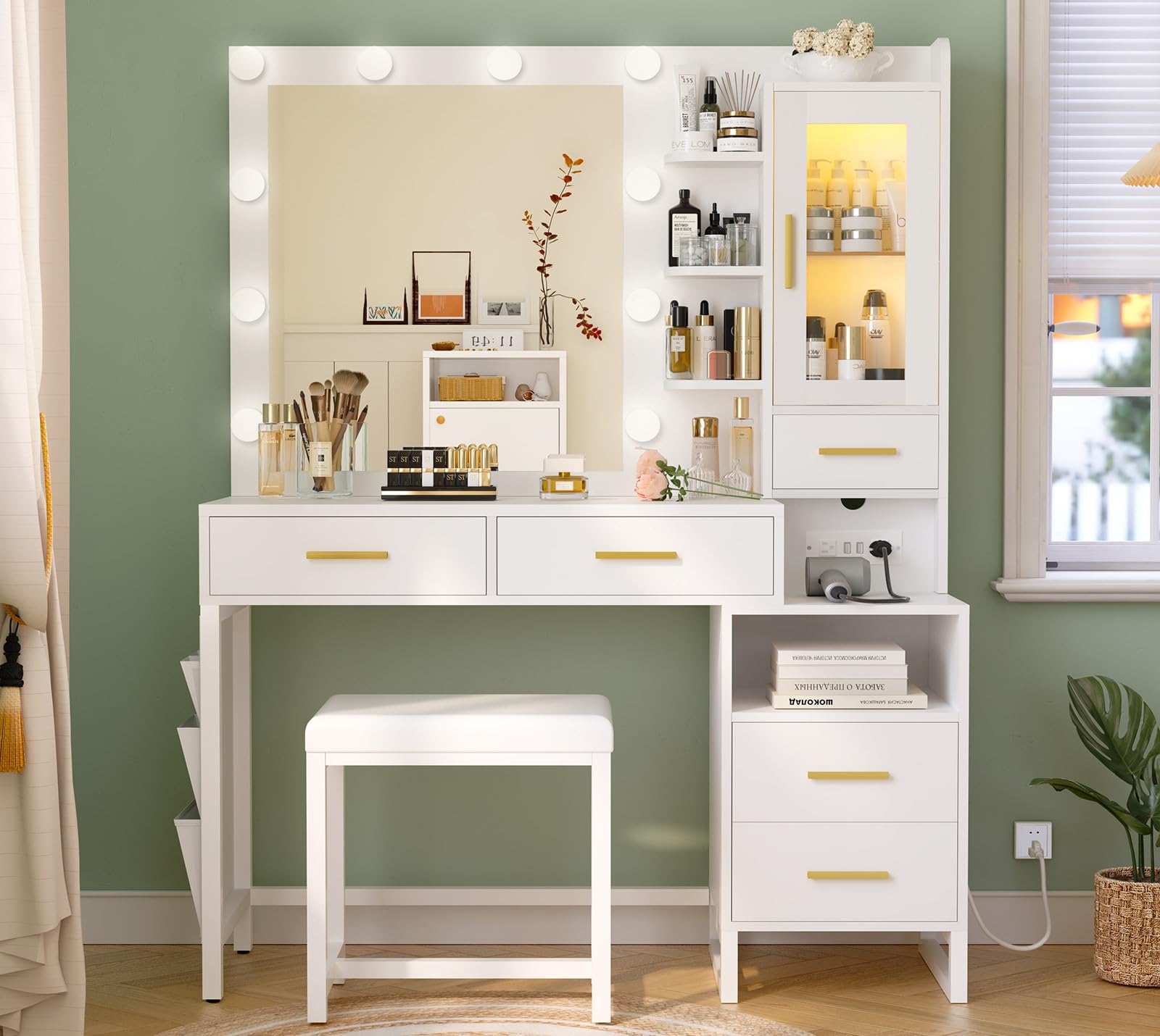 Dnxao Vanity Desk with Mirror and Lights, White Makeup Vanity Desk with Mirror Lights Vanity Table Set with Charging Station, 5 Drawers & Side Storage Bag, 3 Lighting Modes, Brightness Adjustable
