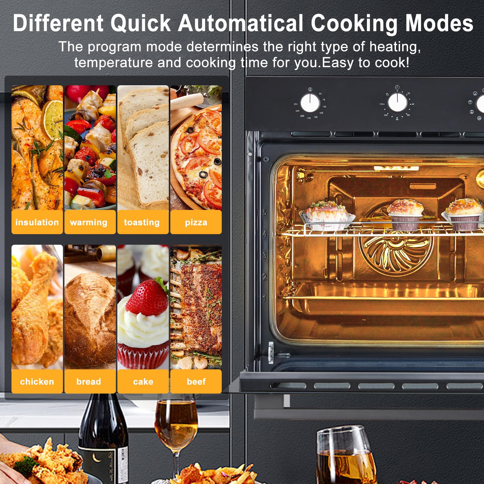 Single Wall Oven 24 Inches, Built-In Electric Ovens, 3000W, 240V, 2.5Cu.Ft Convection Built-In Oven, Stainless Steel-Touch Screen (Normal Mechanical Knobs-Clearance)