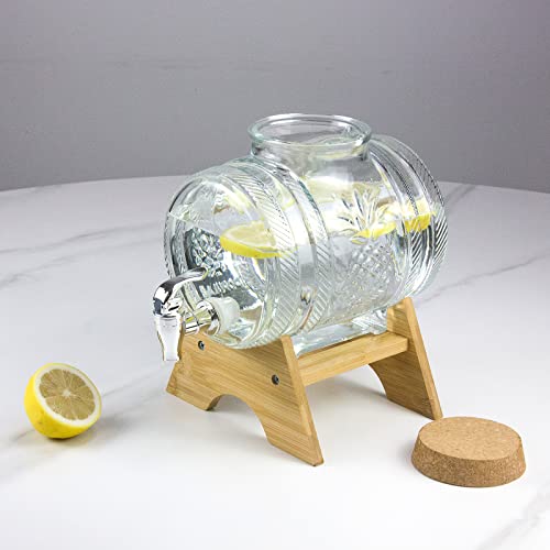 Kcgani 2.7L/0.7Gallon Glass Beverage Dispenser with Leak-proof Spigot, Drink Dispenser Barrel with Sturdy Bamboo Stand, Cold Drink Kettle Container for Fridge, Iced Tea, Lemonade, Bar, Party