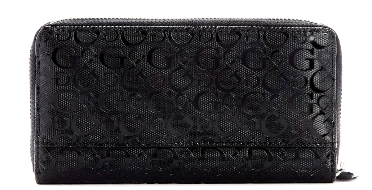 GUESS Women's Brooker Logo Debossed Patent Zip Around Wallet Clutch Bag - Black Multi