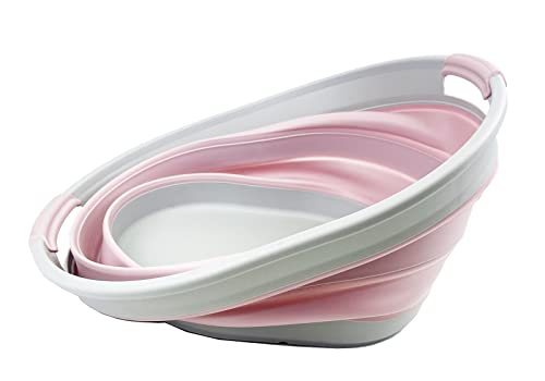 SAMMART 23L (6 Gallons) Collapsible Plastic Laundry Basket - Oval Tub - Foldable Storage Container/Organizer -Portable Washing Tub -Space Saving Laundry Hamper (Grey/Pale Pink)