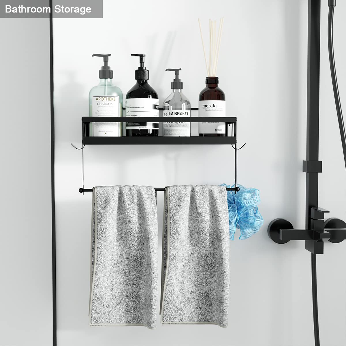 ESOW Paper Towel Holder with Shelf Storage, 2-in-1 Wall Mounted Paper Towel Roll Rack Basket for Kitchen, Balcony & Bathroom, Self-Adhesive or Drilling Installation, SUS304 Matte Black Finish