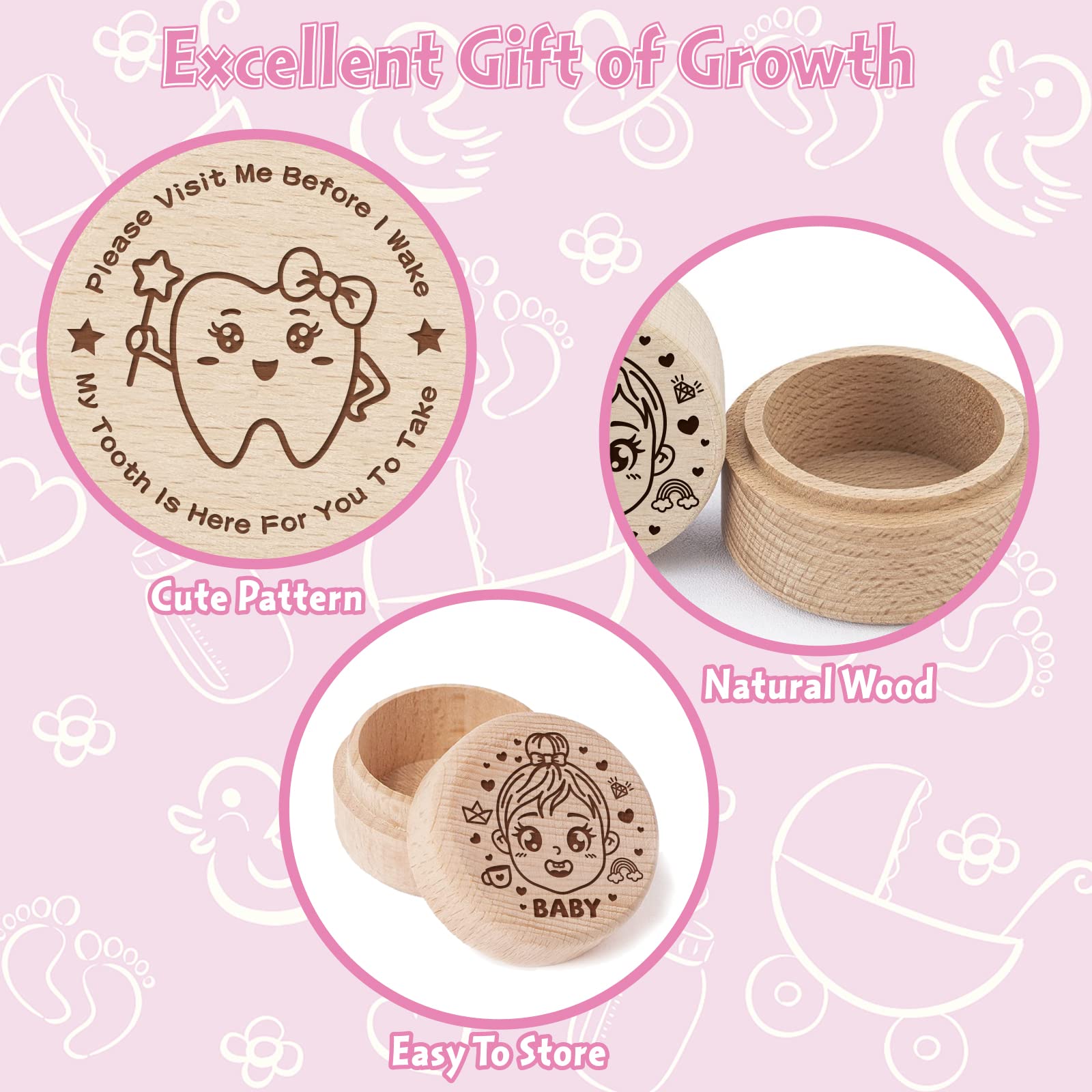 INFUNLY 3pcs/set Tooth Box for Kids Wooden Tooth Fairy Box Baby Teeth Keepsake Box Round Tooth Holders for Baby Shower Birthday Gift