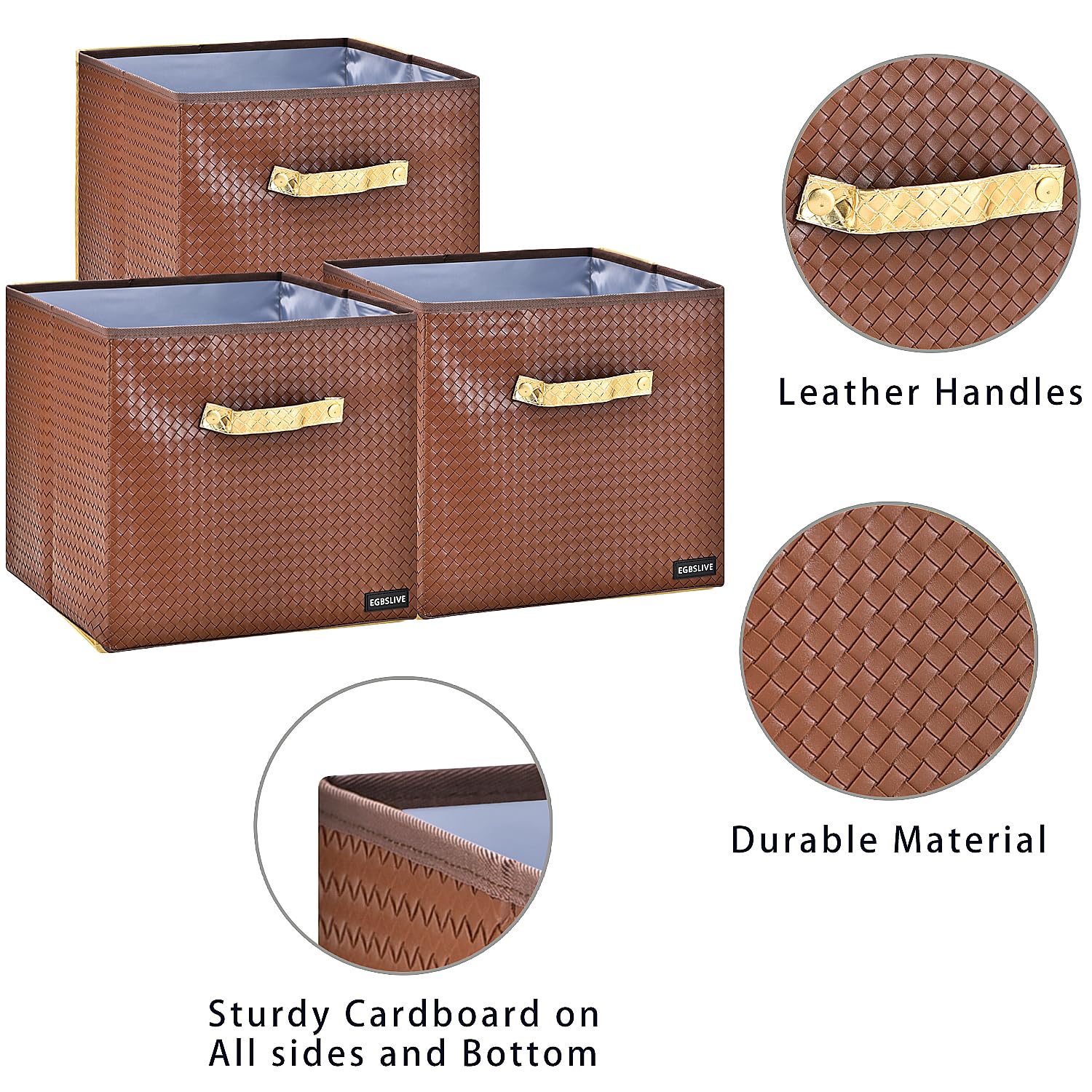 EGBSLIVE Collapsible Storage Bins, 13x13x13 Inches ,PU leather Fabric, 3 Pack, Storage Baskets with Carry Handles and Sturdy Heavy Cardboard, for Home, Office, Car, Nursery (Leather(Golden))