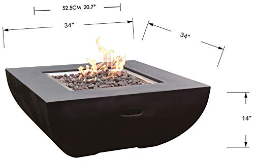 Modeno Aurora Outdoor Fire Pit Propane Table 34 Inches Square Firepit Table Concrete High Floor Clearance Patio Heater Electronic Ignition Backyard Fireplace Cover Lava Rock Included