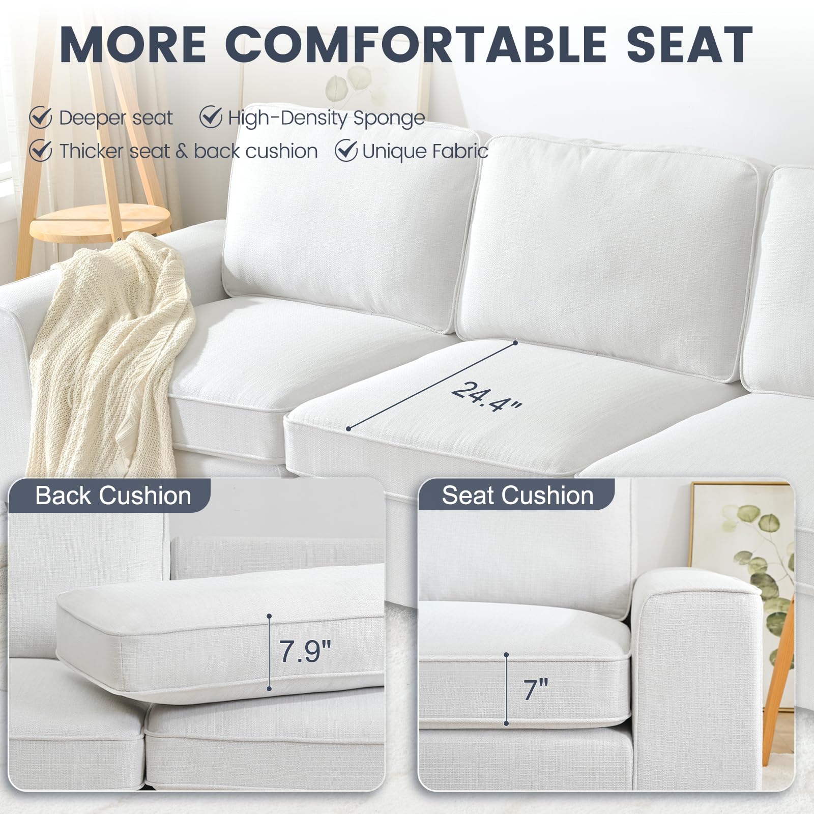HALLYBEE 101" Modular Sectional Sofa Convertible L Shaped Couch with Storage Ottoman Linen White Couch with Chaise Comfy Sectional Couches for Living Room Apartment Office