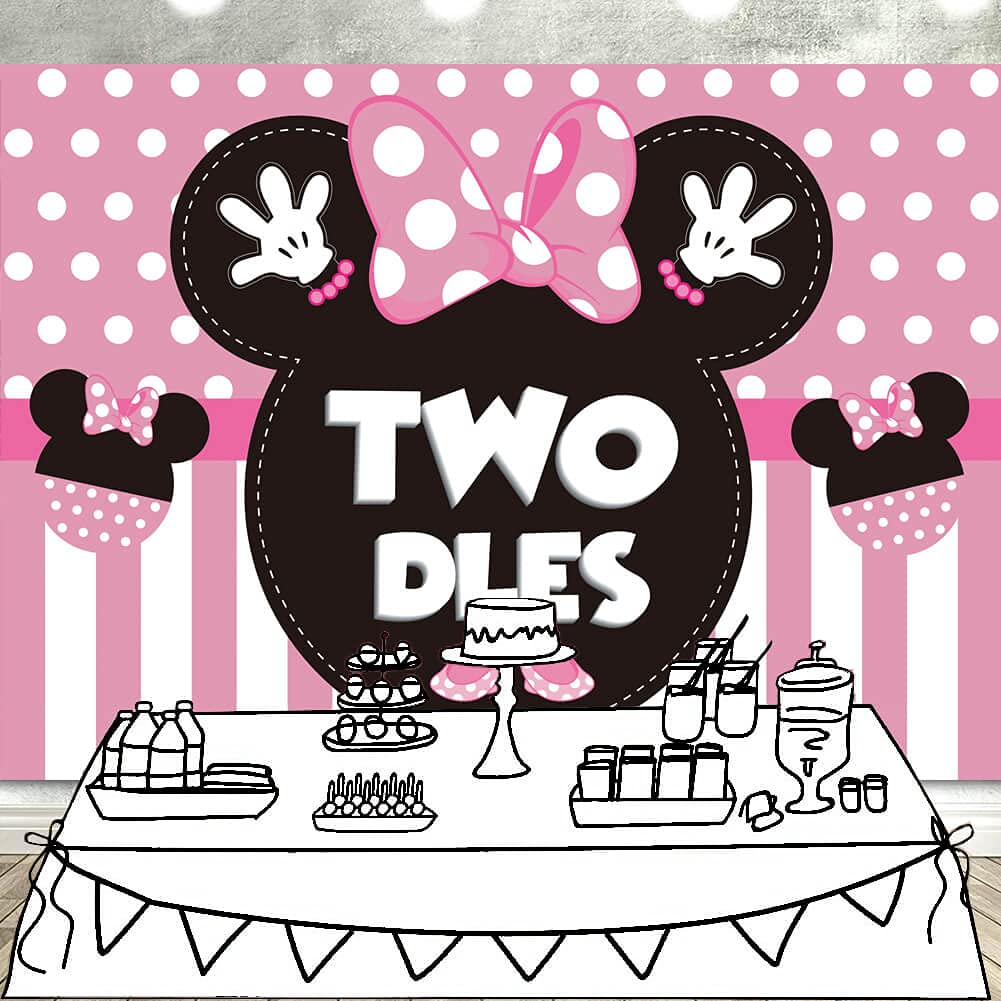 HEETON Pink Mouse Twodles Birthday Party Supplies Decorations Pink Girl Second Fabric Banner Backdrop for Baby Two Years Old 2nd Birthday Photo Props Background -7 x 5ft