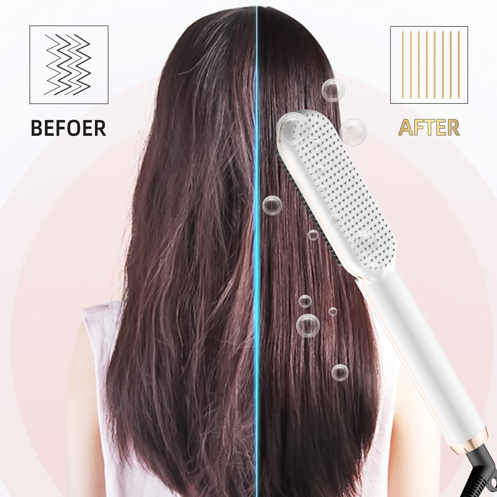 Enhanced Hair Straightener Brush,Dual Voltage Hot Comb Hair Straightener with Anti-Scald Feature, Auto Temperature Lock & Auto-Off Function