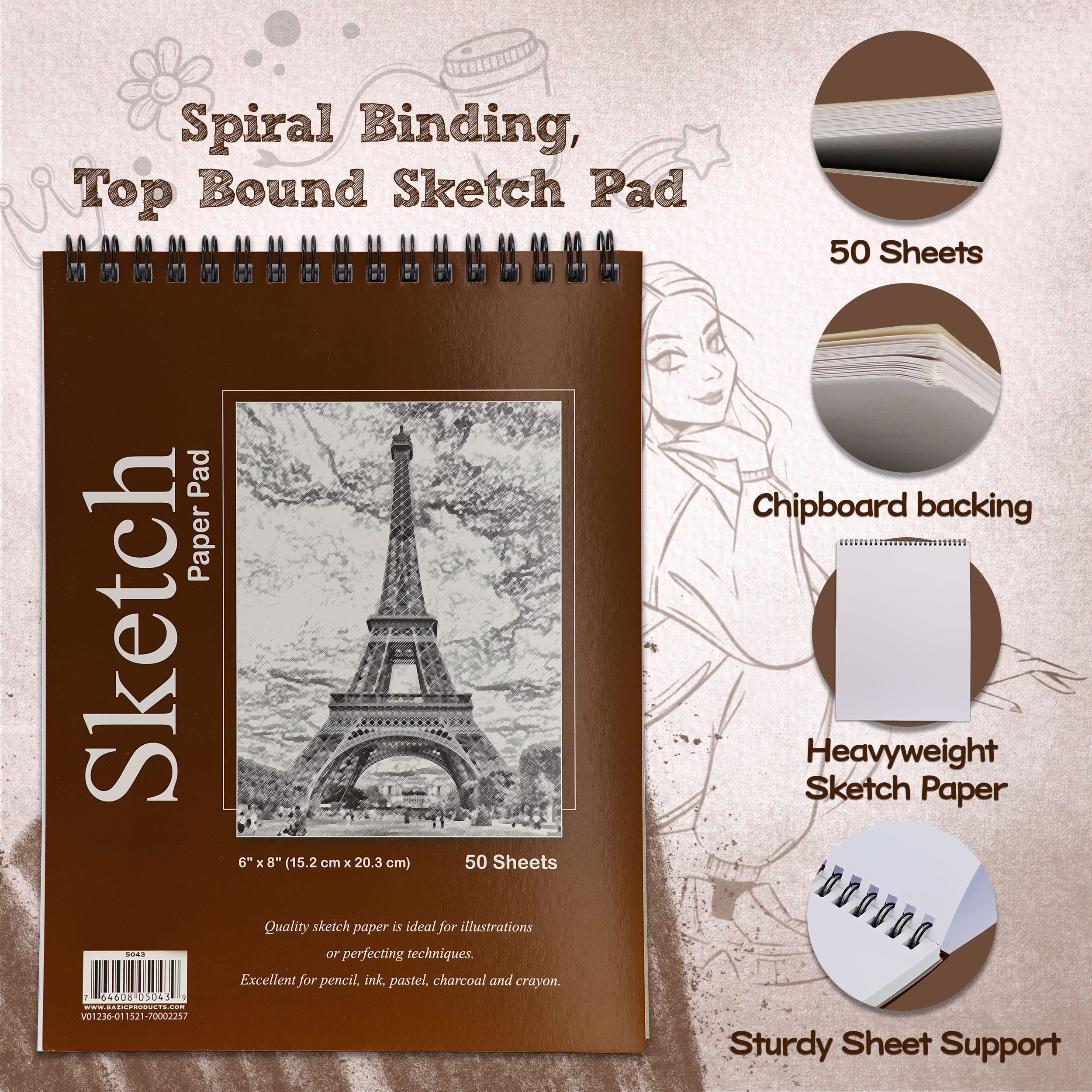 Emraw 6" x 8" Sketch Book Top Wire Bound Spiral, Acid Free Sketchbook White Writing, Drawing & Sketching Sketch Pads for Kids Adults Beginners Artists, 50 Sheets Per Sketch Pad, 2 Pack