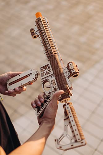 Wood Trick Assault Gun AR-T Model Kit for Adults and Teens to Build - with Telescoping Butt, Fuse, Sight and Clip for 12 Rounds - Detailed Construction - 23x8″ - 3D Wooden Puzzle - 14+