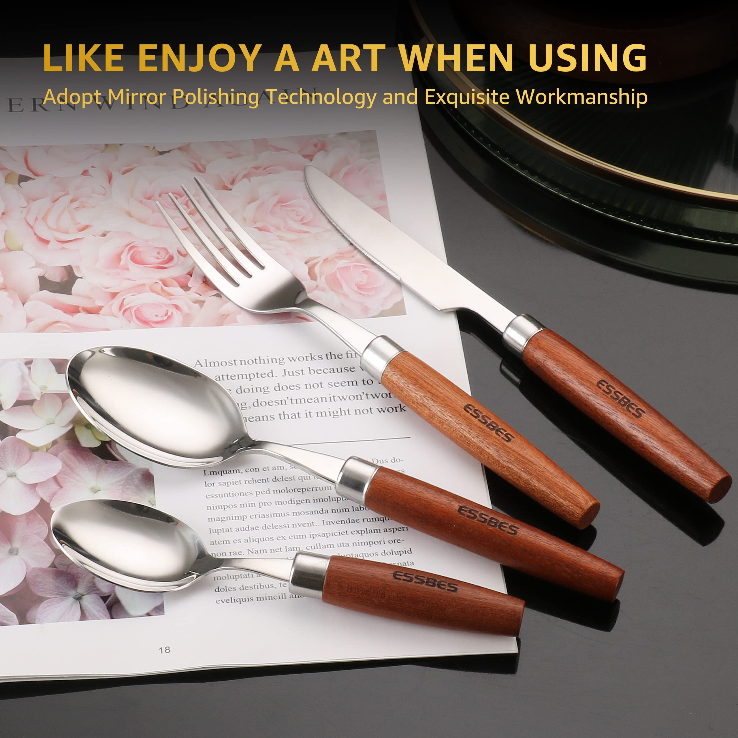 ESSBES 5-Pcs Wooden Handle Silverware Set - Stainless Steel Flatware Set with Fork, Spoon, Knife, Dessert Spoon, Chopsticks and Delicate Gift Box, Portable Cutlery Set For Home Kitchen Hotel & Gift