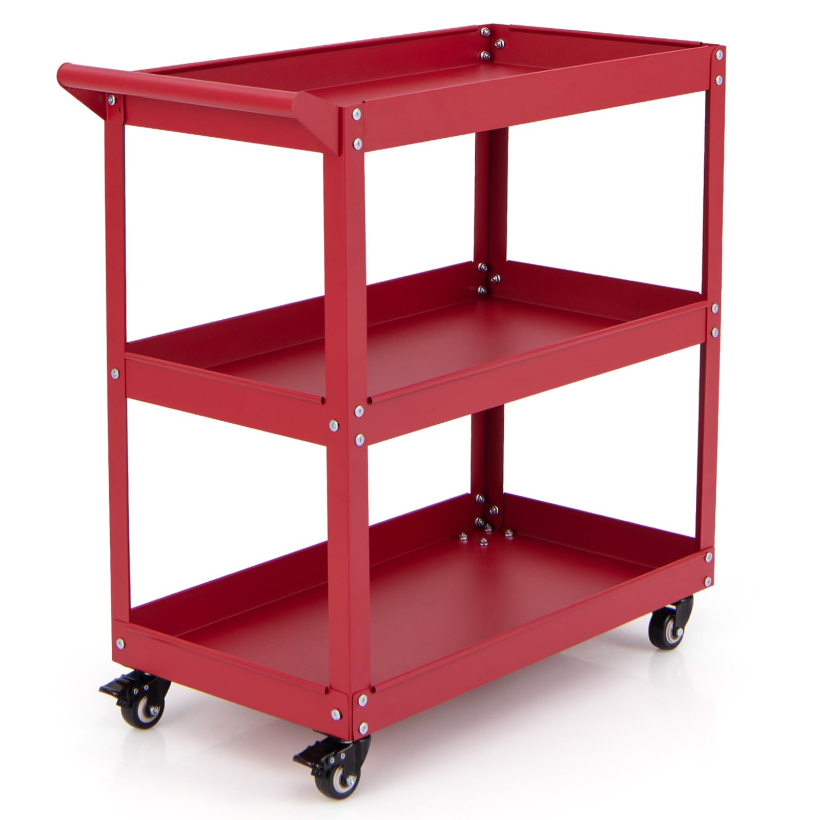 JIMUOO Utility Service Cart, Steel 3 Tier Rolling Tool Cart on Wheels, Commercial Push Carts with Handle, Metal Work Cart for Garage Mechanic Kitchen Office Warehouse Restaurant, 330 Lbs Capacity