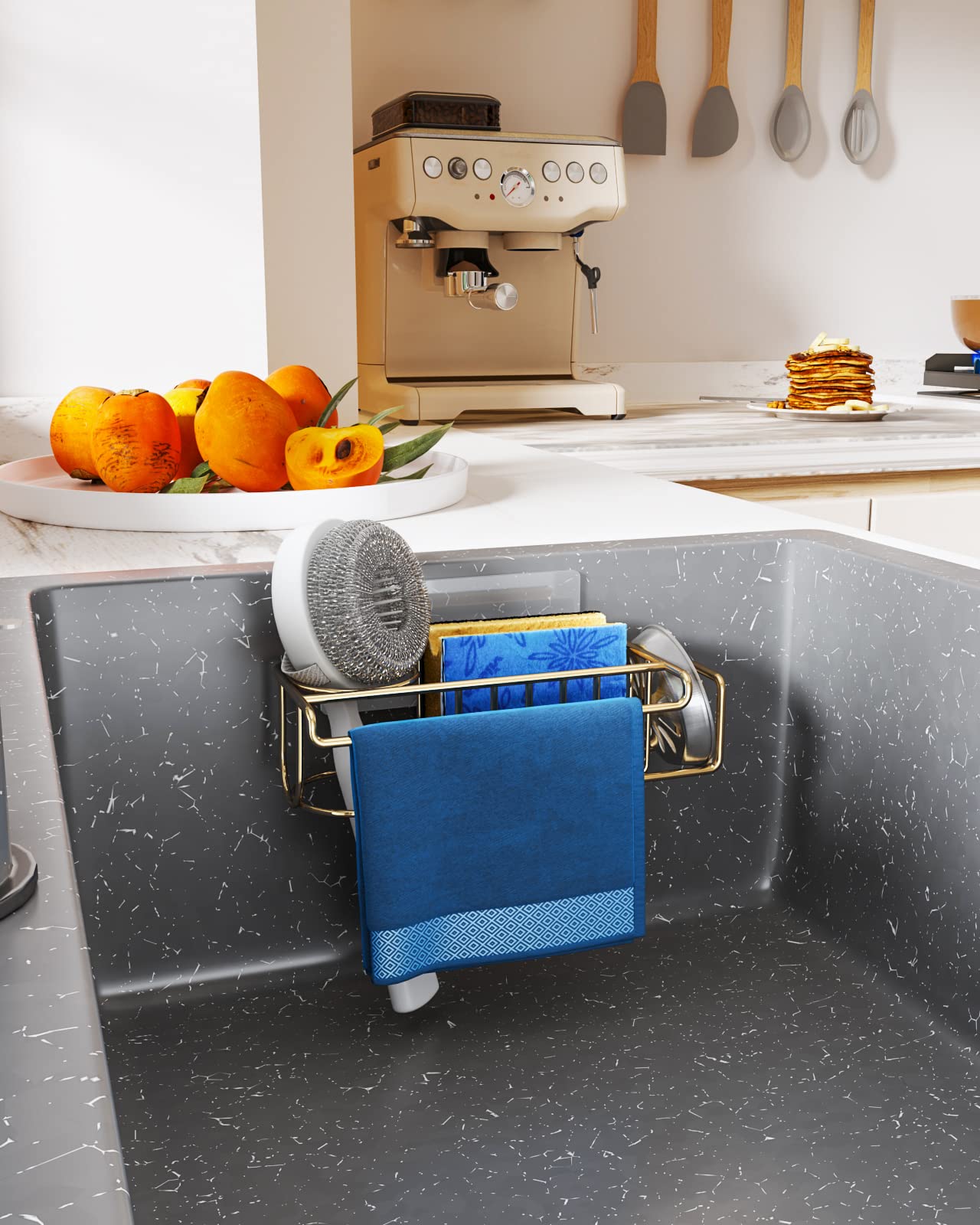 HapiRm Sponge Holder for Kitchen Sink, No Drill Sink Caddy Kitchen Sink Organizer, Rustproof Sink Sponge Holder- Gold(8.46 * 3.54 * 2.36in)