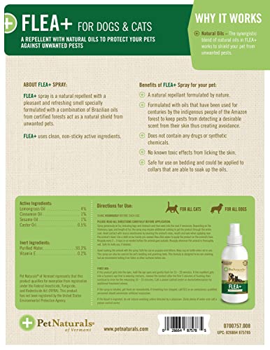 Pet Naturals Flea and Tick Prevention Spray with Natural Oils for Dogs and Cats, 8 Ounce - Safe for Bedding and Collars - Clean, Non Sticky Ingredients