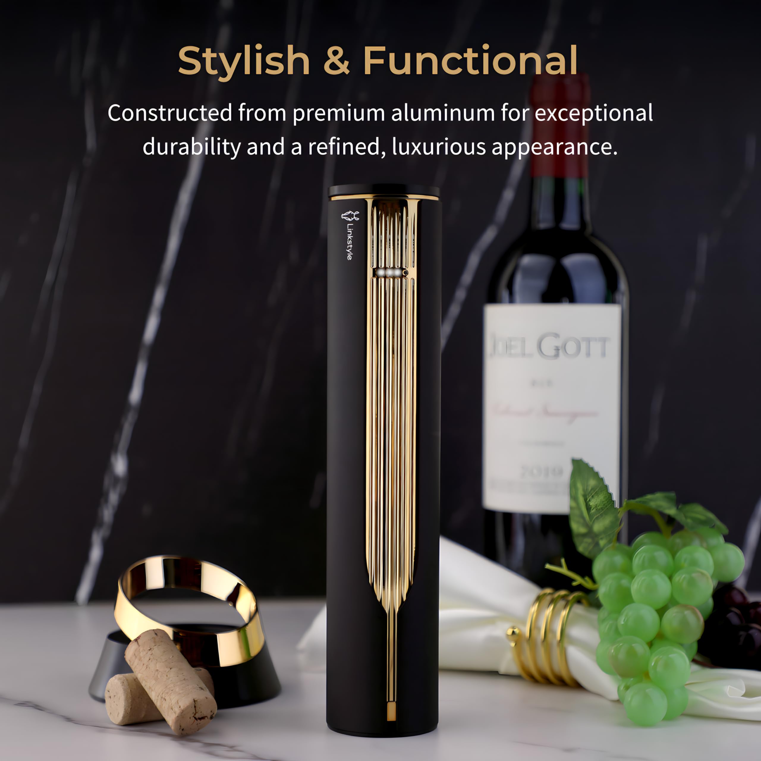 OPENERO Electric Wine Opener — Luxurious Automatic Wine Corkscrew Electric with Charging Base and Steel Foil Cutter, Wine Gifts For Women Men (Gold)