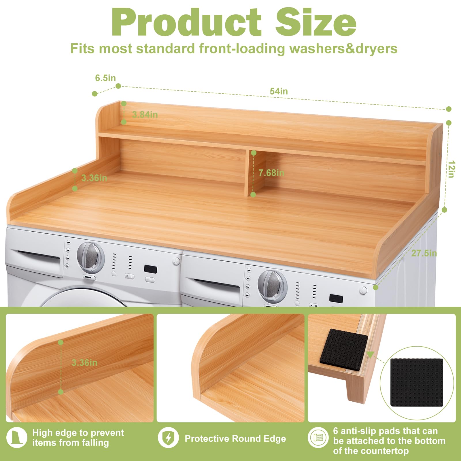 Homeny Laundry Machine Countertop, Washer Dryer Topper Table Solid Wood, Laundry Washing Machine Countertop with 2-Tier Shelf for Storage Laundry Room Organization