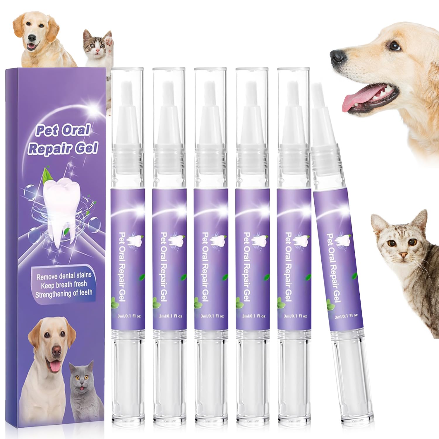 Pet Oral Repair Gel,Pet Oral Restoration White Gel,Pet Breath Freshener Gel No Brushing Oral Care Cleanerļ¼Easy Teeth Cleaning Gel for Dogs & Cats,3ML (3box,6pcs)