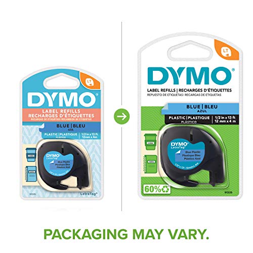 DYMO LetraTag Labeling Tape for LetraTag Label Makers, Black Print on Blue Plastic Tape, 1/2'' W x 13' L, 1 roll (91335)