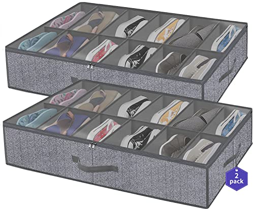 Onlyeasy Large Under Bed Shoe Storage Organizer with Strong Zippers & Handles Set of 2, Fit Total 24 Pairs, Underbed Organizers for Kids & Adults, 29.3"x23.6"x5.9", Herringbone Grey, 9MNRUBSB2P