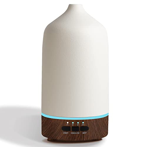 Essential Oil Diffuser Aromatherapy Humidifier - 300ML Ceramic Ultrasonic Defuser Quiet Aroma Infuser Air Vaporizer with 7 Lights & 2 Mist for Home Large Room White
