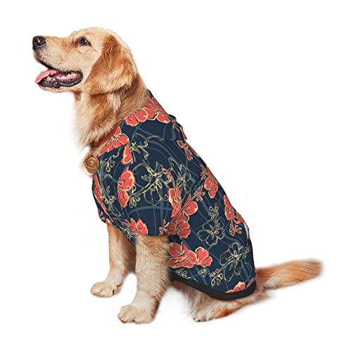 Large Dog Hoodie Hibiscus-Flroal-Striped-Navy-Plaid Pet Clothes Sweater with Hat Soft Cat Outfit Coat Large