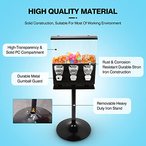 IRONWALLS Commercial Candy Vending Machine with Stand, Black Capsule Toy Gumball Vending Machine for Business, 25 Cent Coin Operated Metal Candy Dispenser Machine with 3 Canisters for Store, Park