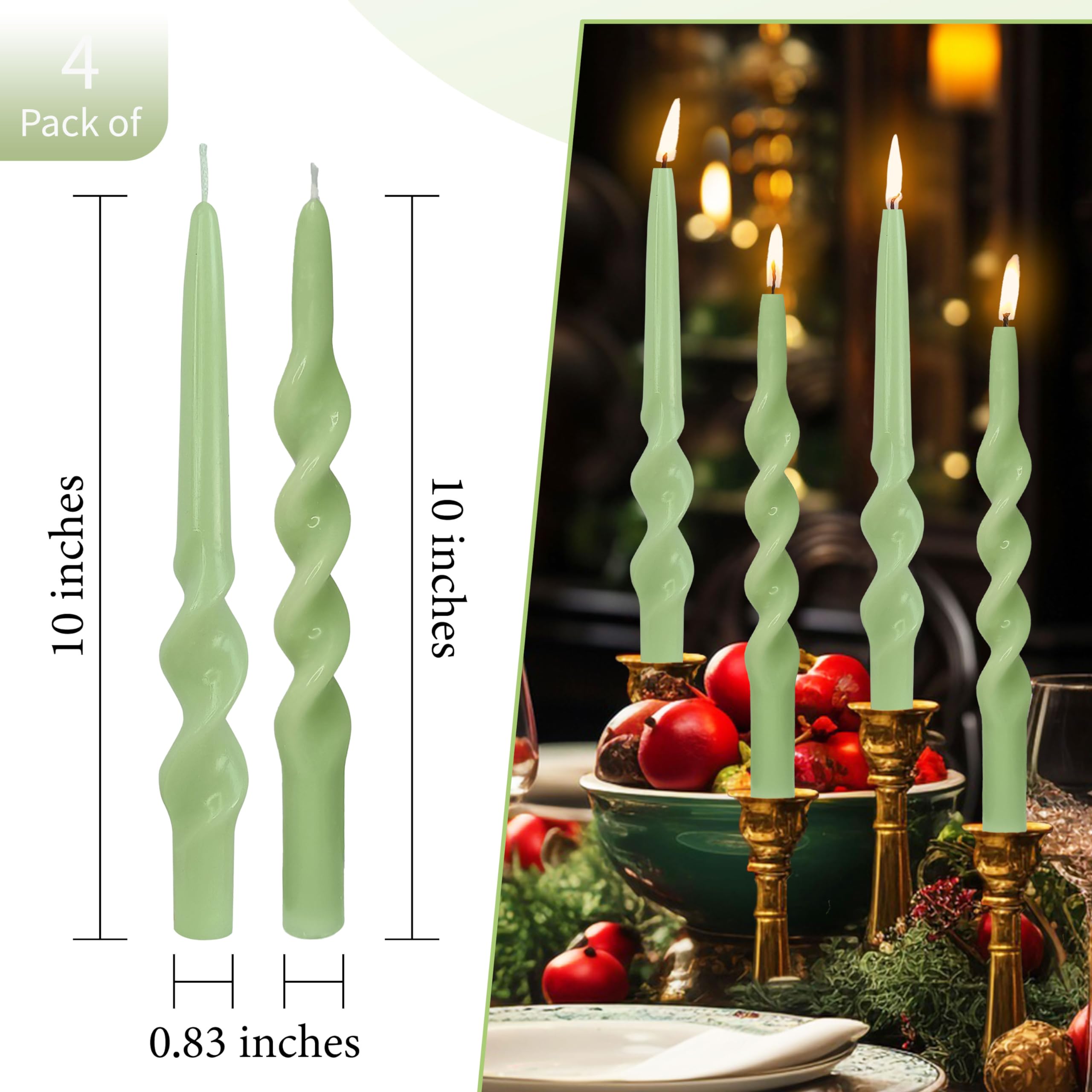 Green Spiral Taper Candles Stick 10 inch High Tapered Candle - 4 PCS Long Candlesticks Unscented Twisted Tapered Candlesticks for Home Decoration Holiday Wedding Party