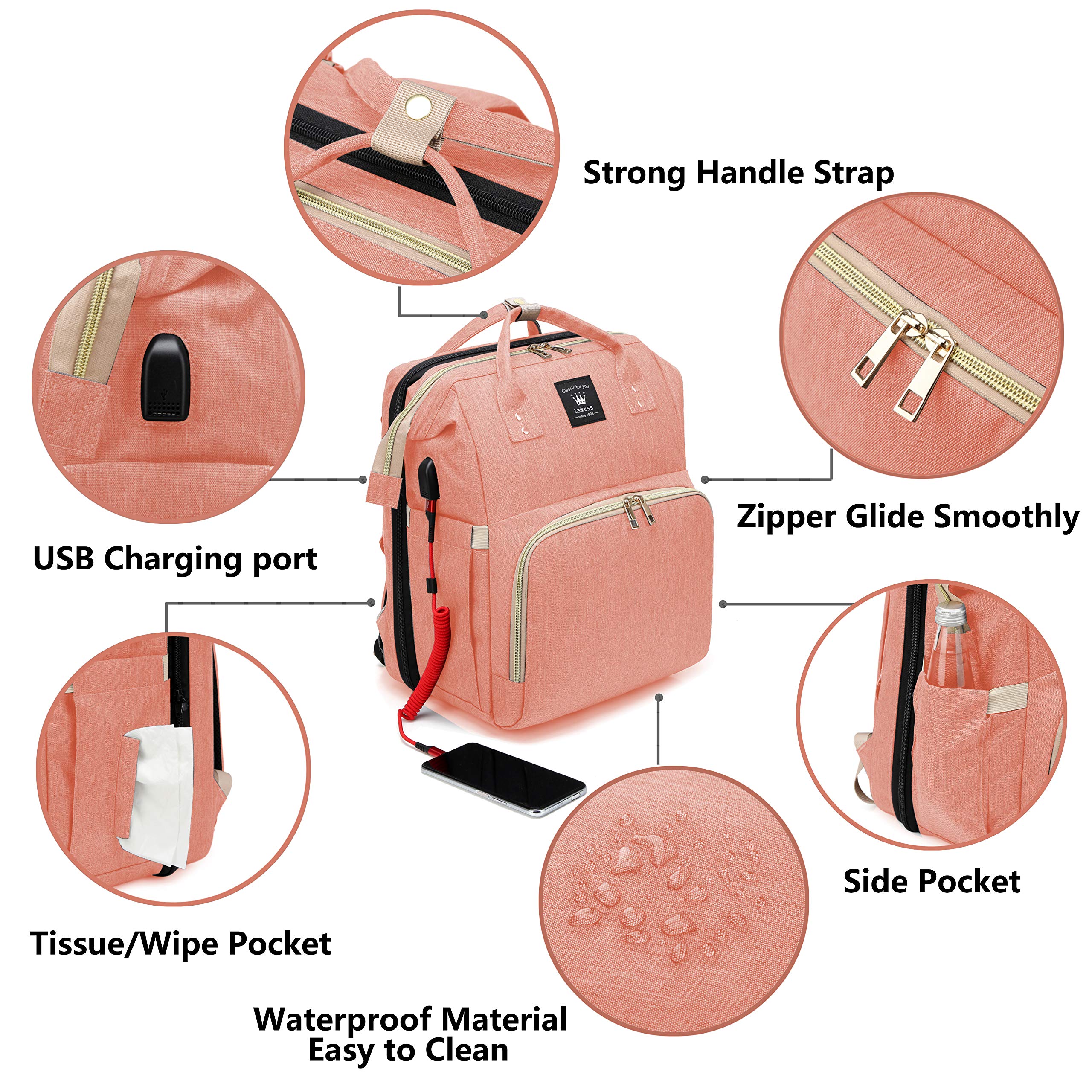 Lamroro Diaper Bag Backpack, Baby Nappy Changing Bags Multifunctional Travel Backpack with Changing Station, Large Capacity, Waterproof, Sunshade, Built-in USB Charging Port Stylish Pink