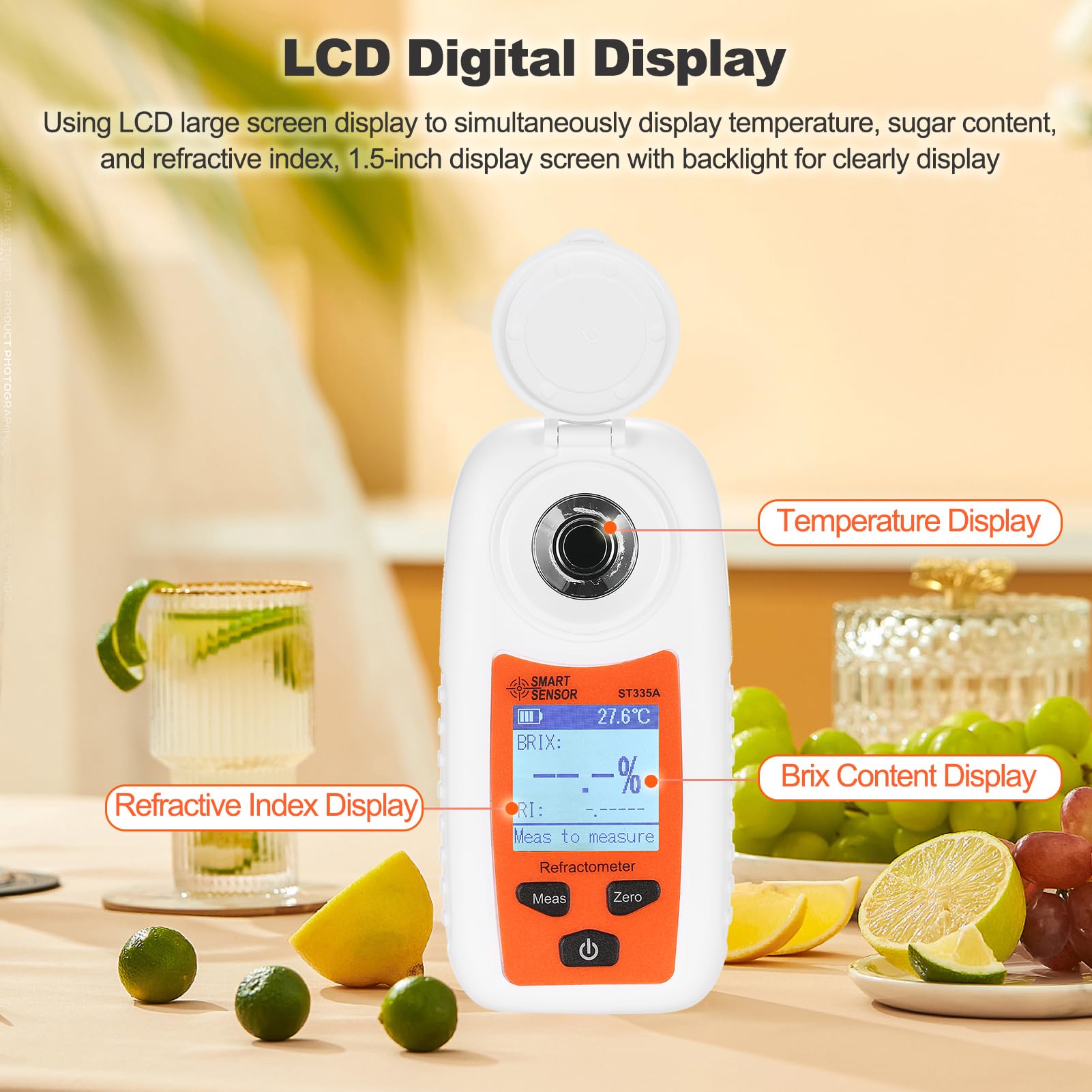 KYKYK Refractometer, Smart Sensor ST335A Digital Refractometer Saccharometer ATC Sugar Percent Tester 0-35% Brix Honey Sugar Concentration Detector for Fruit, Homebrewing, Juice, Vegetables