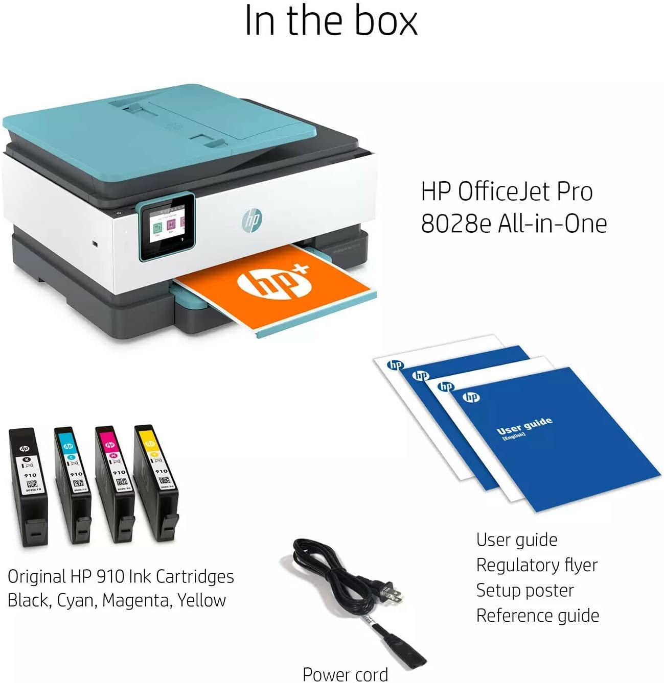HP OfficeJet Pro 8028e All-in-One Wireless Color Inkjet Printer for Home Office, Blue- Print Scan Copy Fax-20 ppm, 35-sheet ADF, 4800 x 1200 dpi, Auto 2-sided Printing, Ethernet, Cbmou External Webcam