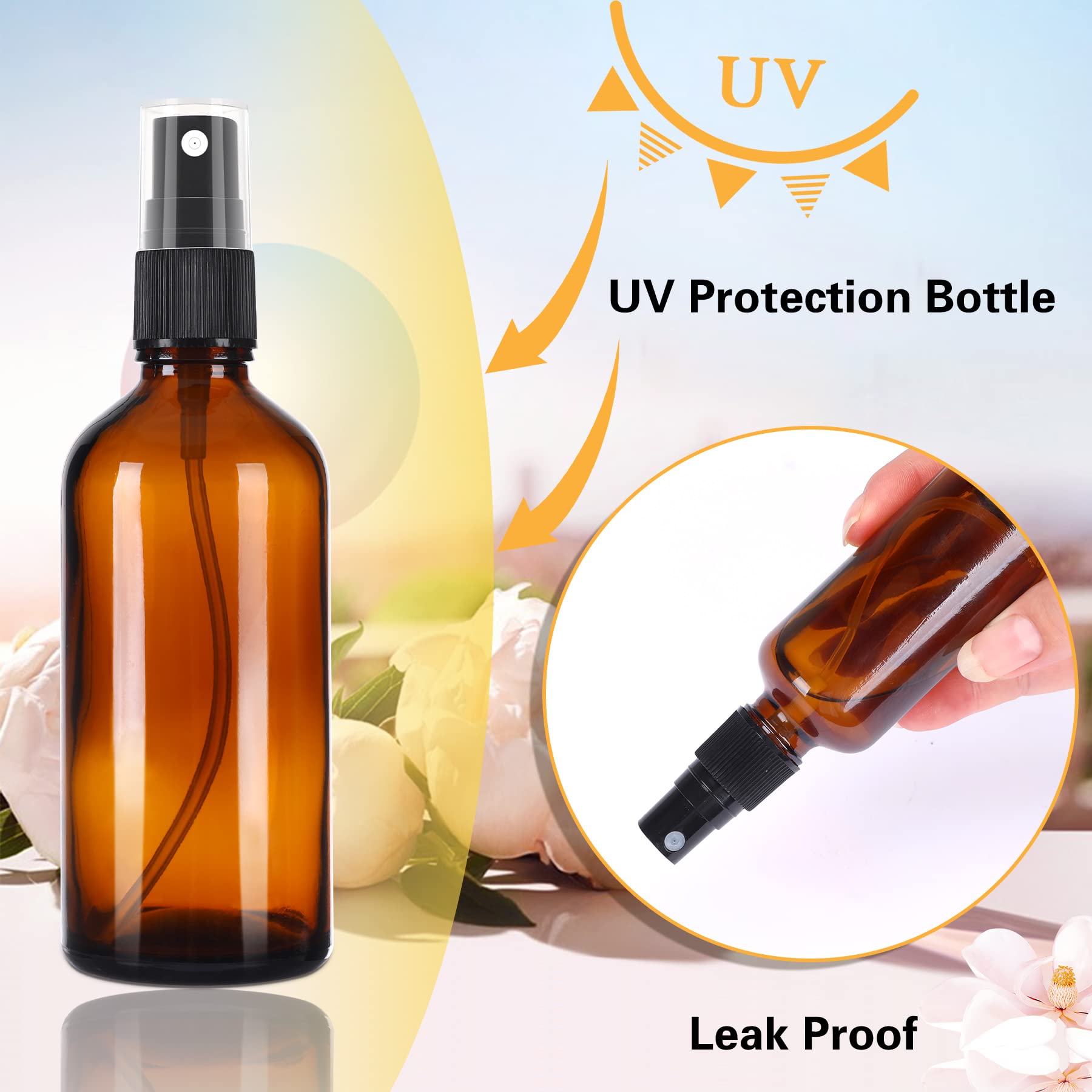 JULMELON Glass Spray Bottles 4 Oz for Esssential Oil,3 PCS Mini Travel Spray Bottle,Brown Glass Spray Bottle for Face,1Oz 2Oz 4Oz Refillable Sprayer Container with Funnel and Cleaning Brush