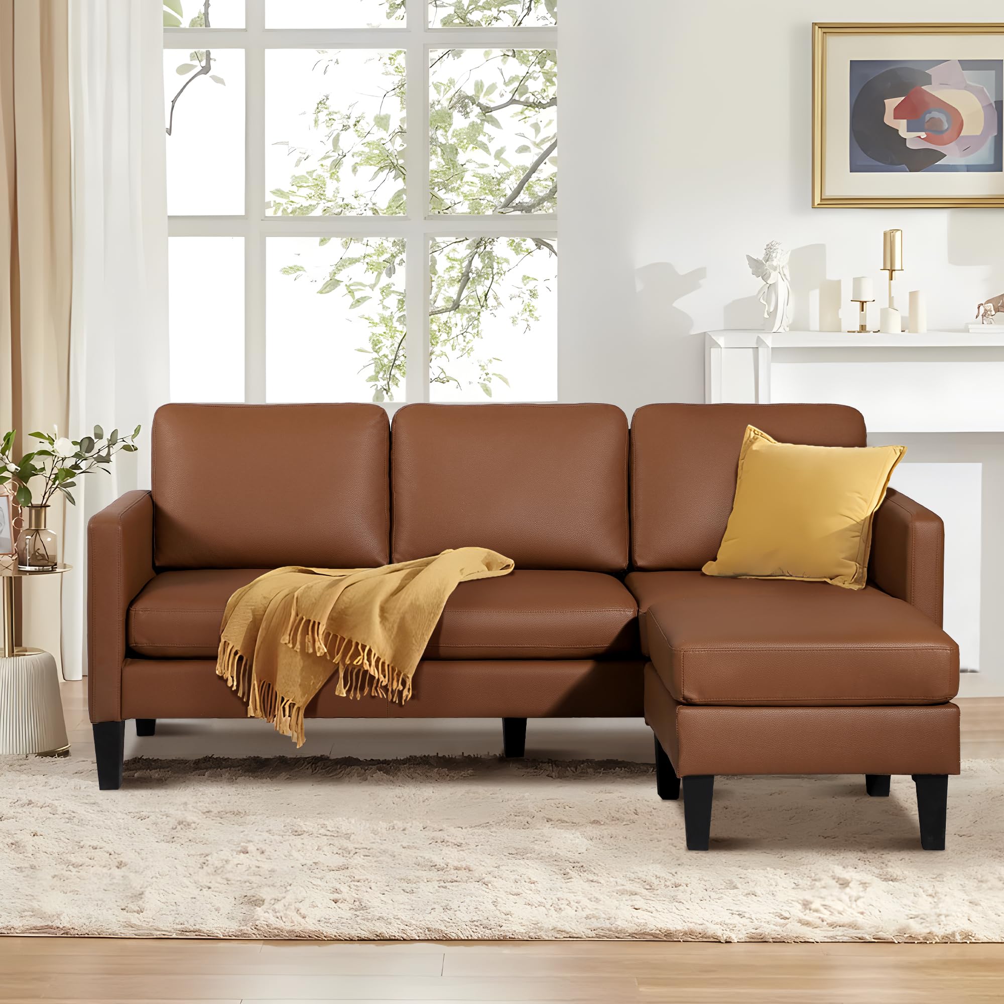 LETATA Sectional Sofa, Faux Leather Mid-Century Modern Reversible Couch, 3-Seat L Shaped Sofa Couch with Chaise for Living Room, Apartment and Small Space (Orange Brown)