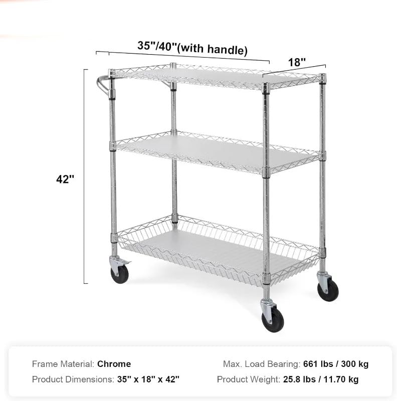 DCOT Kitchen Utility Cart, 3 Tiers, Wire Rolling Cart with 661 LBS Capacity, Steel Service Cart on Wheels, Metal