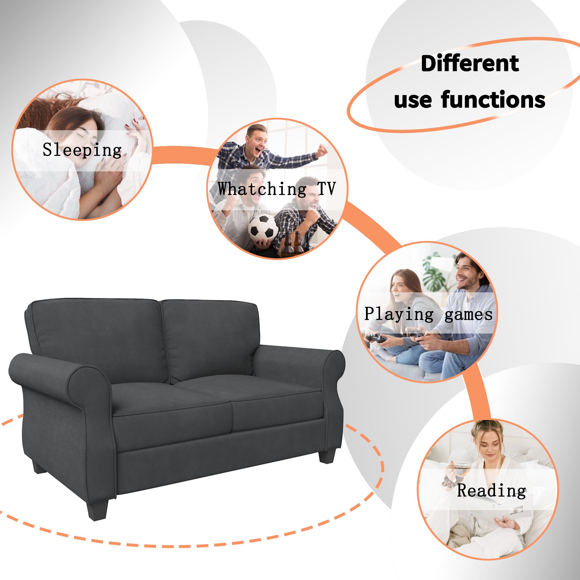 KYLE & KAY Modern 2 Seater Sofa Couch, Upholstered Small Sofa with Solid Wood Frame, Sectional Love Seat Couch for Living Room, Bedroom, Office, Apartment, Dark Gray