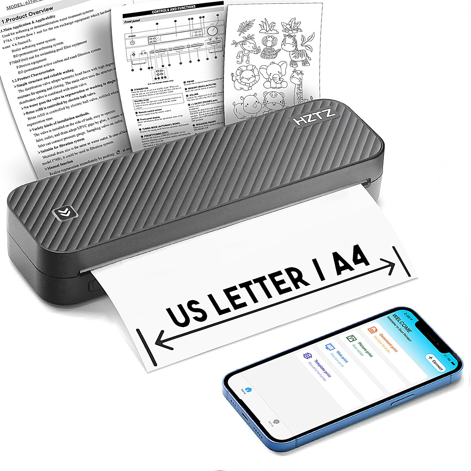SLCZCZ Portable Printer for Travel, Bluetooth Thermal Printer, Inkless Printing Support 8.5"X11" US Letter/A4/A5 Thermal Paper, Compatible with Android & iOS Phone/Laptop with 1 Roll 210mm Paper