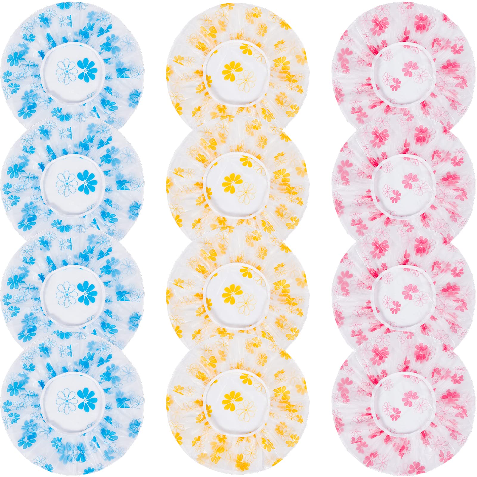 Jumperlay 12 Pack Reusable Shower Cap for All Hair Lengths, Waterproof Bath Cap with Elastic Band for Kids, Women and Men (A)