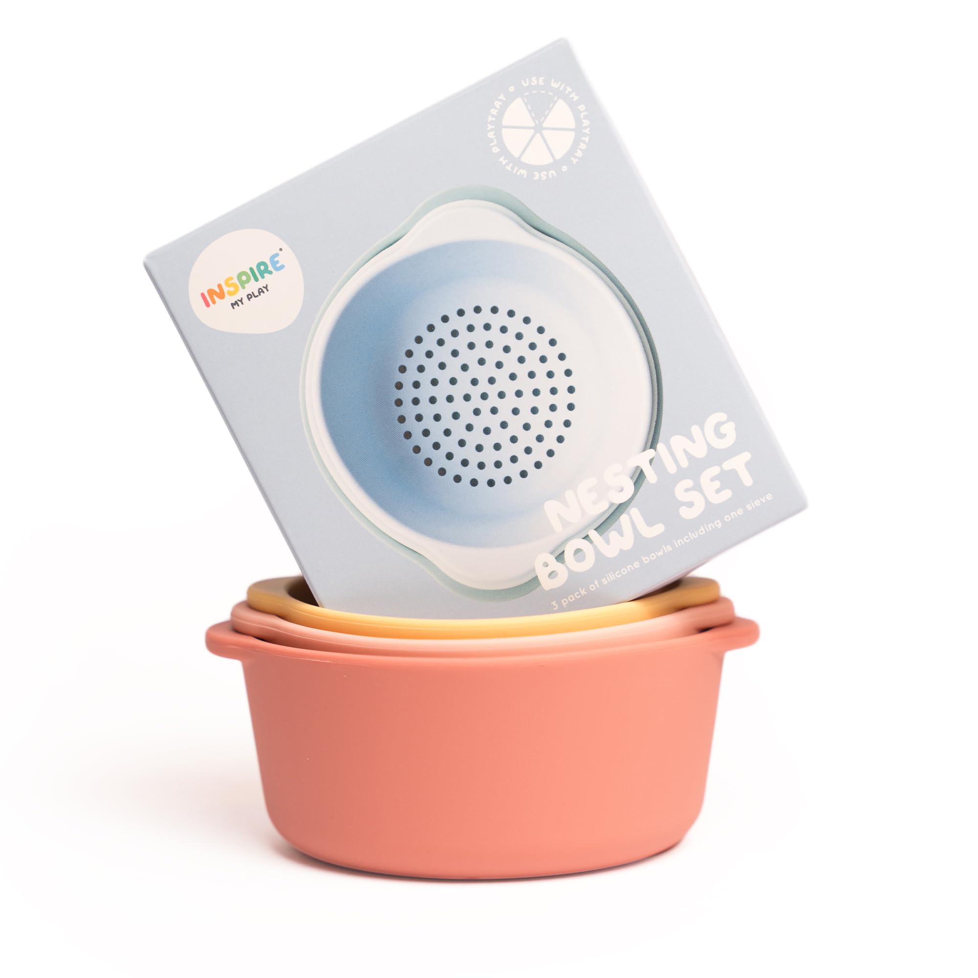Inspire My Play - 3 x Nesting Bowls and Sieve - Perfect for Sensory PlayTray - Sensory Bin Accessories - Special Education Classroom Supplies - Montessori Education Toys - Coral