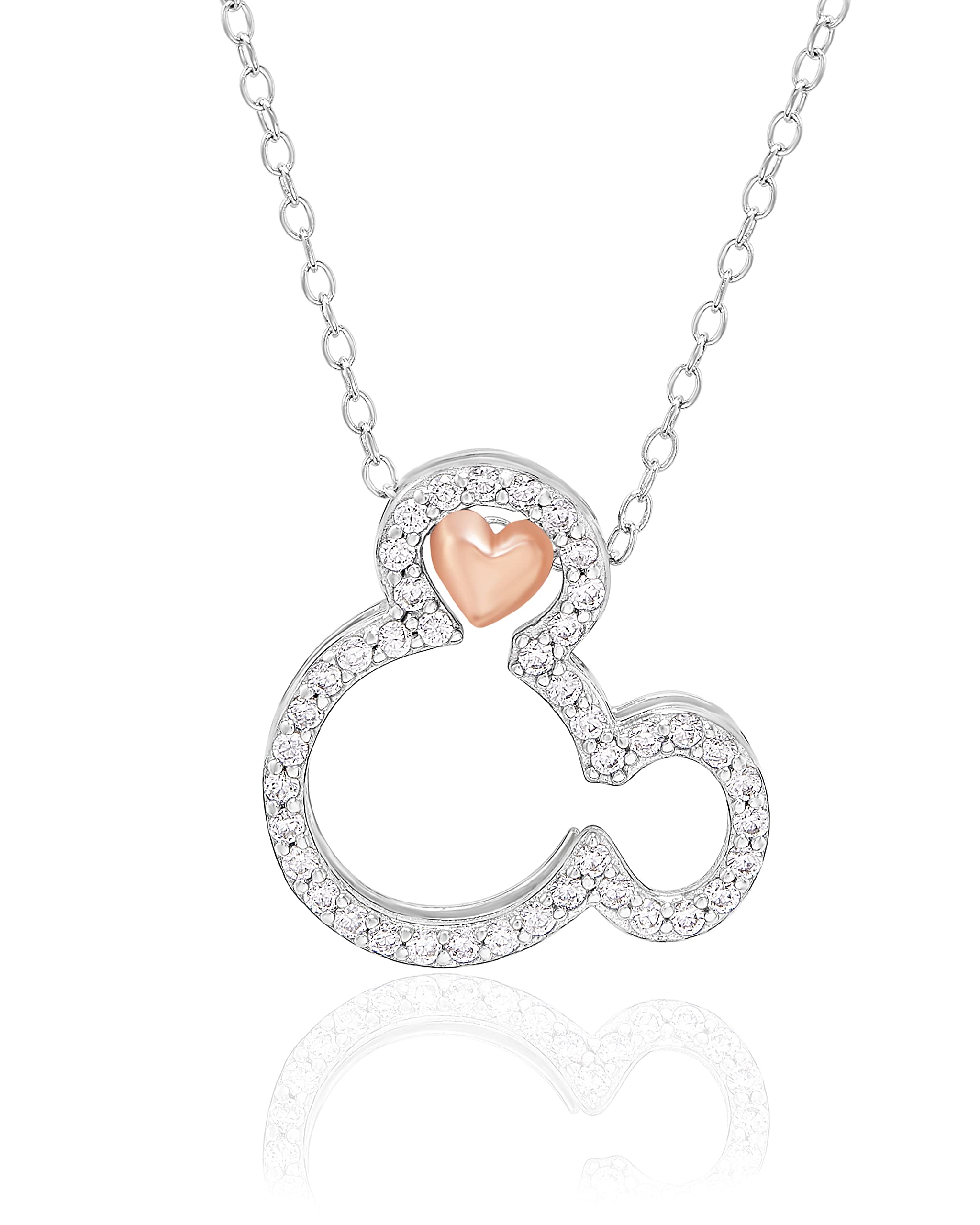 Disney Womens Mickey Mouse Necklace Sterling Silver 18" - Cubic Zirconia Mickey Mouse and Pink Heart Pendant Necklace Jewelry for Women