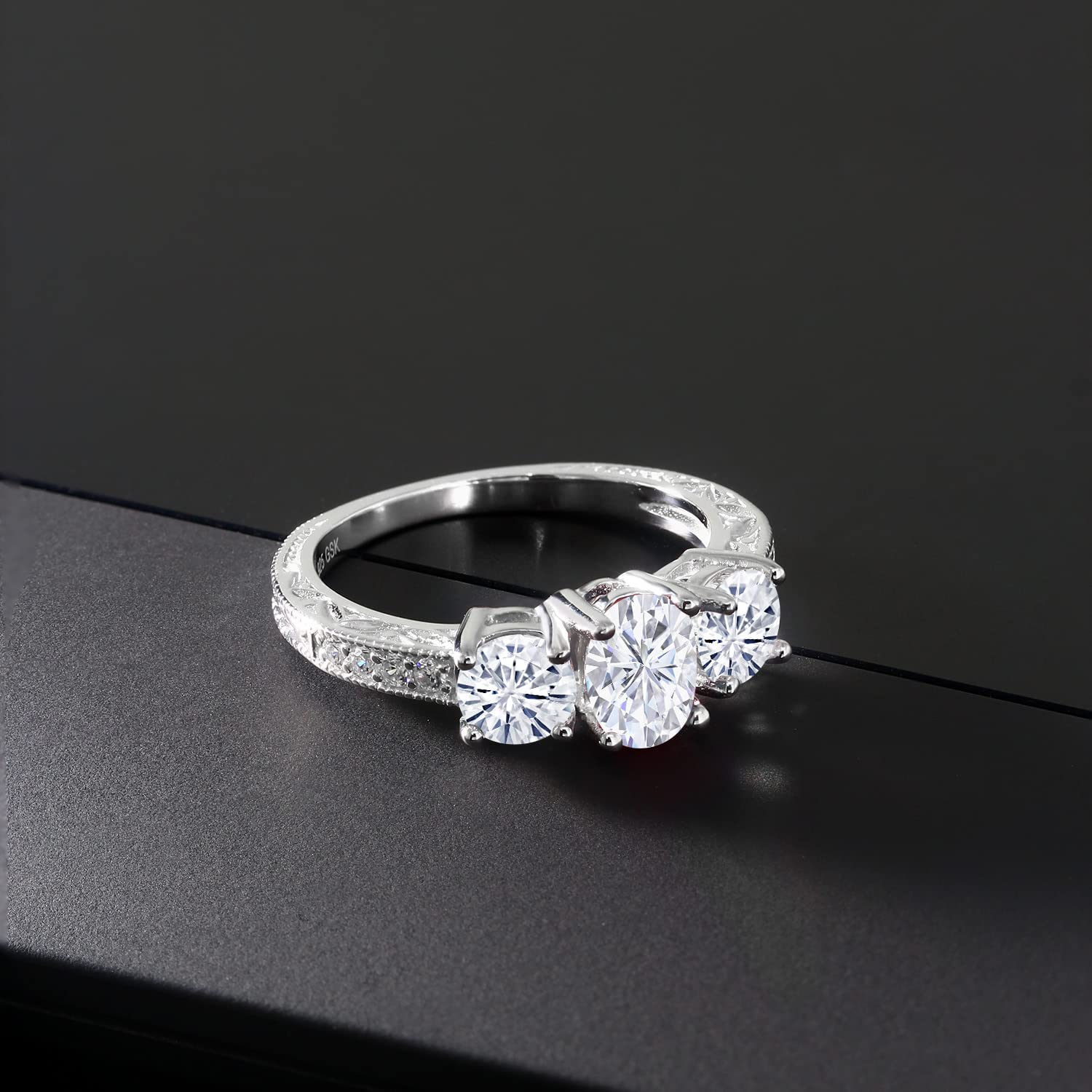 Gem Stone King 925 Sterling Silver White Moissanite 3 Stone Women Engagement Ring (2.02 Cttw, Available In Size 5, 6, 7, 8, 9)