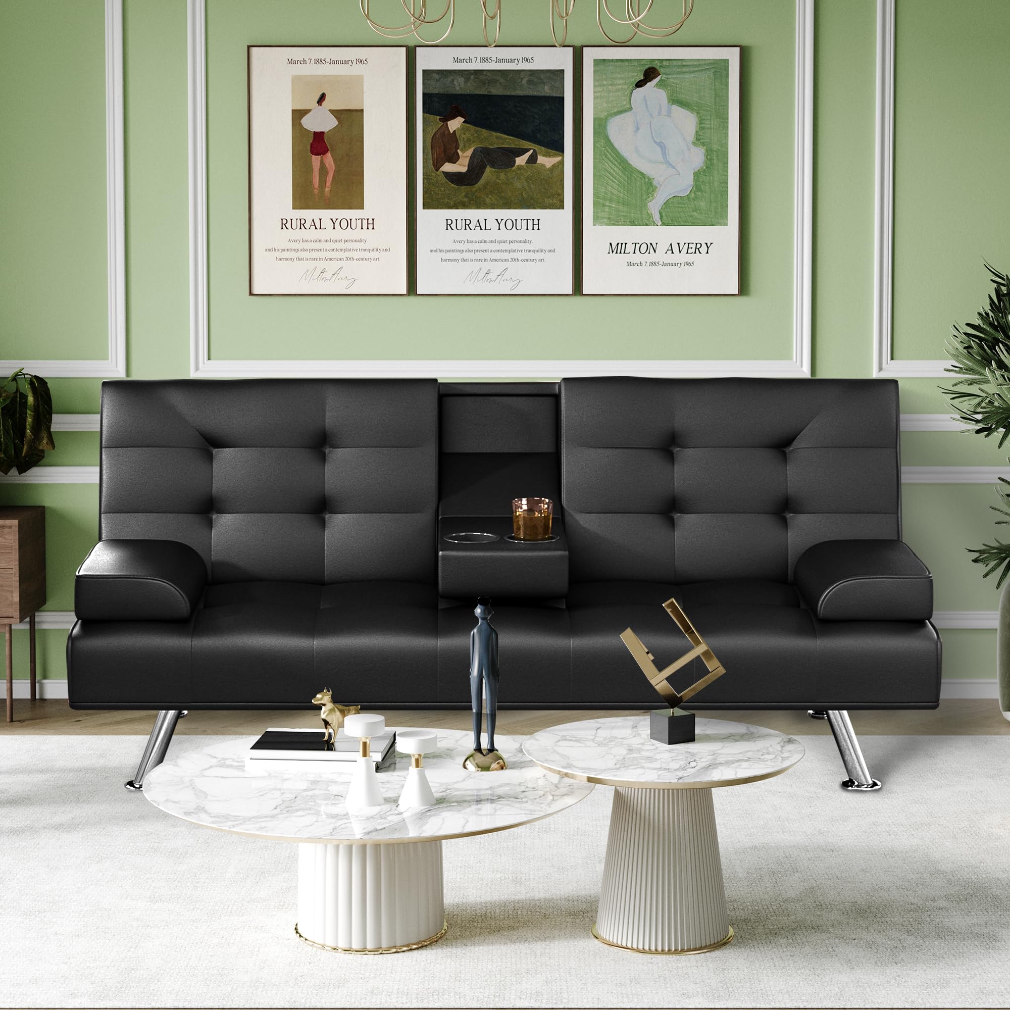 KYLE & KAY Convertible Sofa Bed, Upholstered Comfy Couch with Adjustable Backrest, Modern Sleeper Sofa for Living Room, Bedroom, Office, Apartment, Black