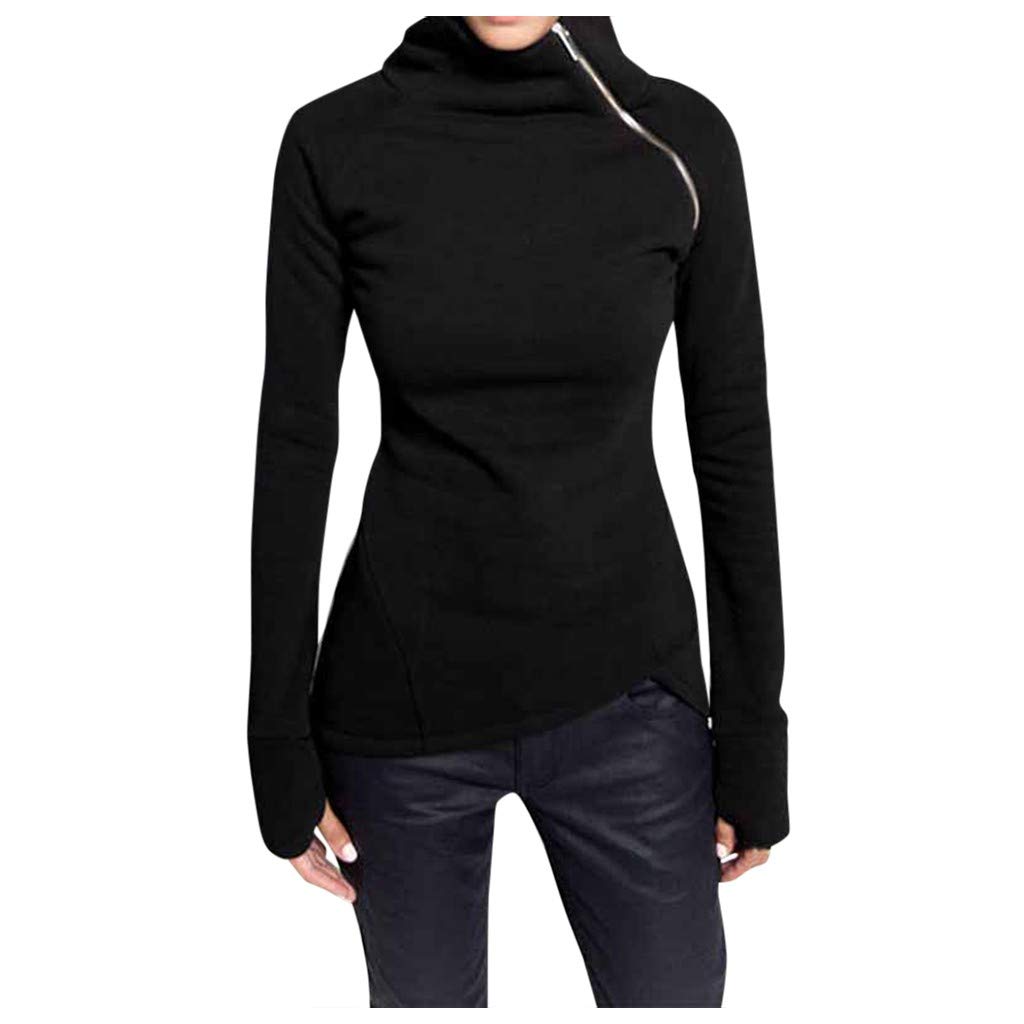 DIOMOR Womens Slim Fit Turtleneck Zipper Thumb Hole Shirts Long Sleeve Sweatshirt Solid Color Tops Plus Size Black