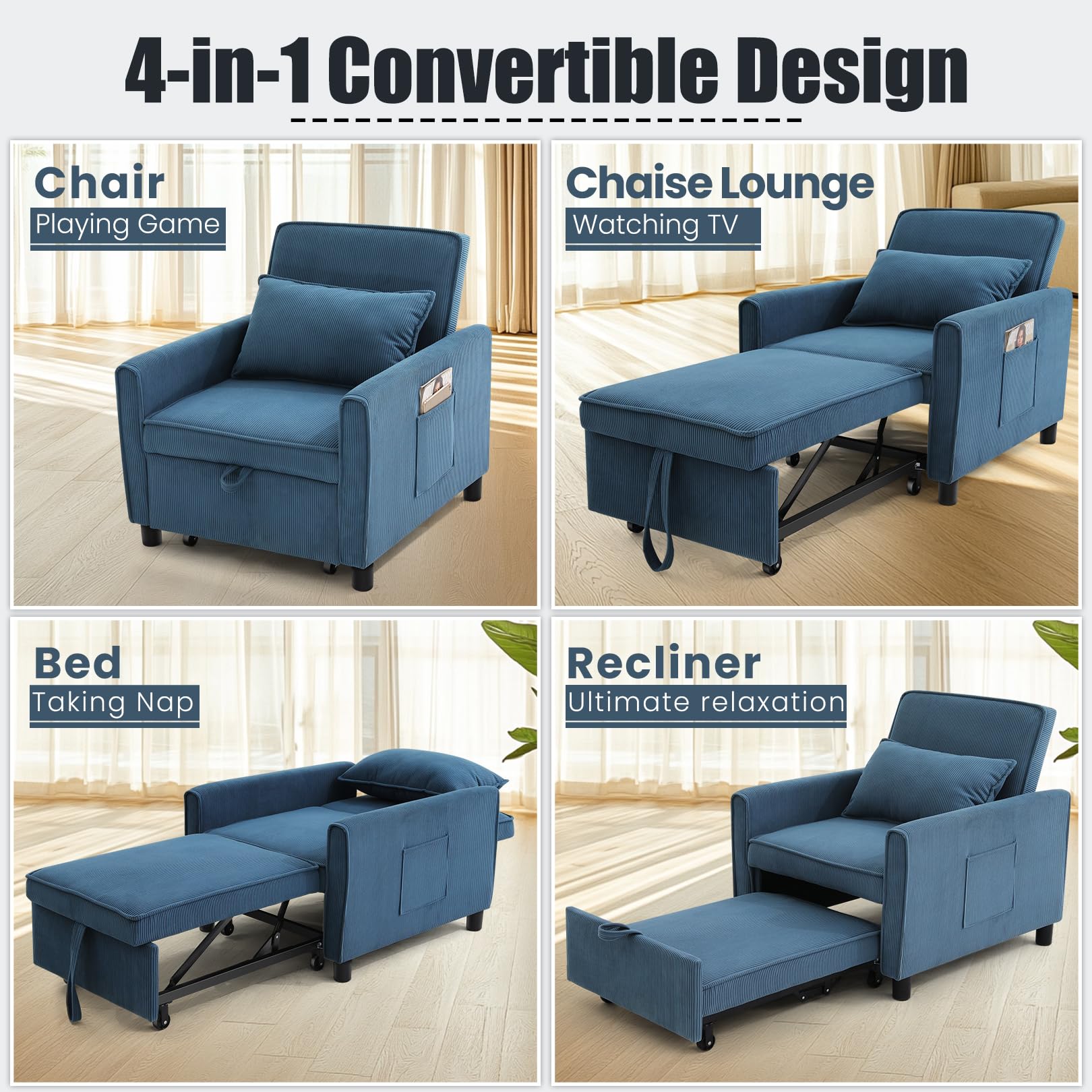 Sleeper Sofa Chair Bed, Upgrade 4-in-1 Convertible Sleeper Sofa Bed, Sleeper Chair Pullout Sofa Bed with Adjustable Backrest, Corduroy Ottoman Bed Sleeper for Living Room Apartment Office, Dark Blue