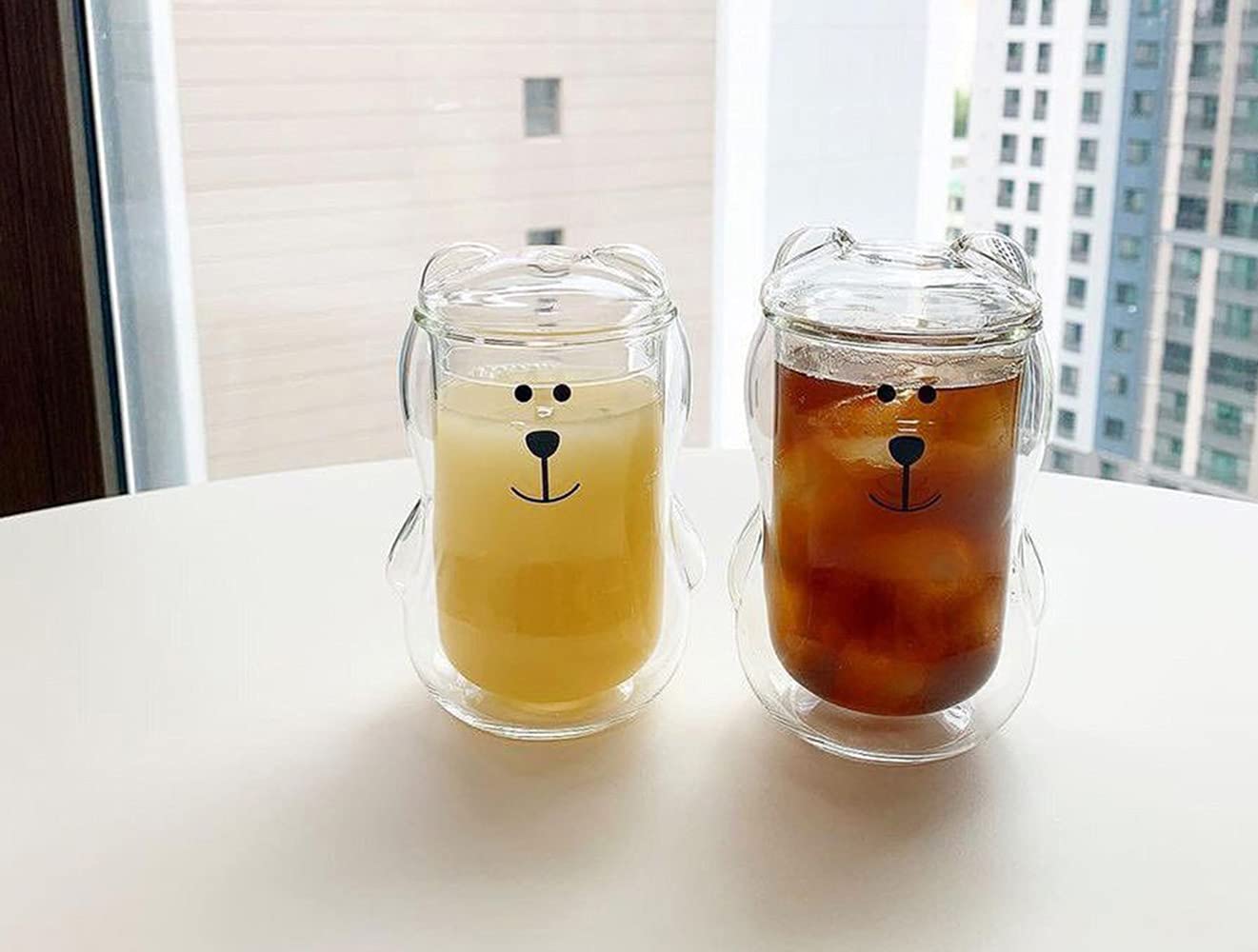 feb.7 Bear Cup, Double Wall, 300 ml Espresso Coffee Tea 3D Glasses Cup with Lid Heat-resistant Double Wall Milk Beer Juice Drinkware Christmas Cup (Transparent)