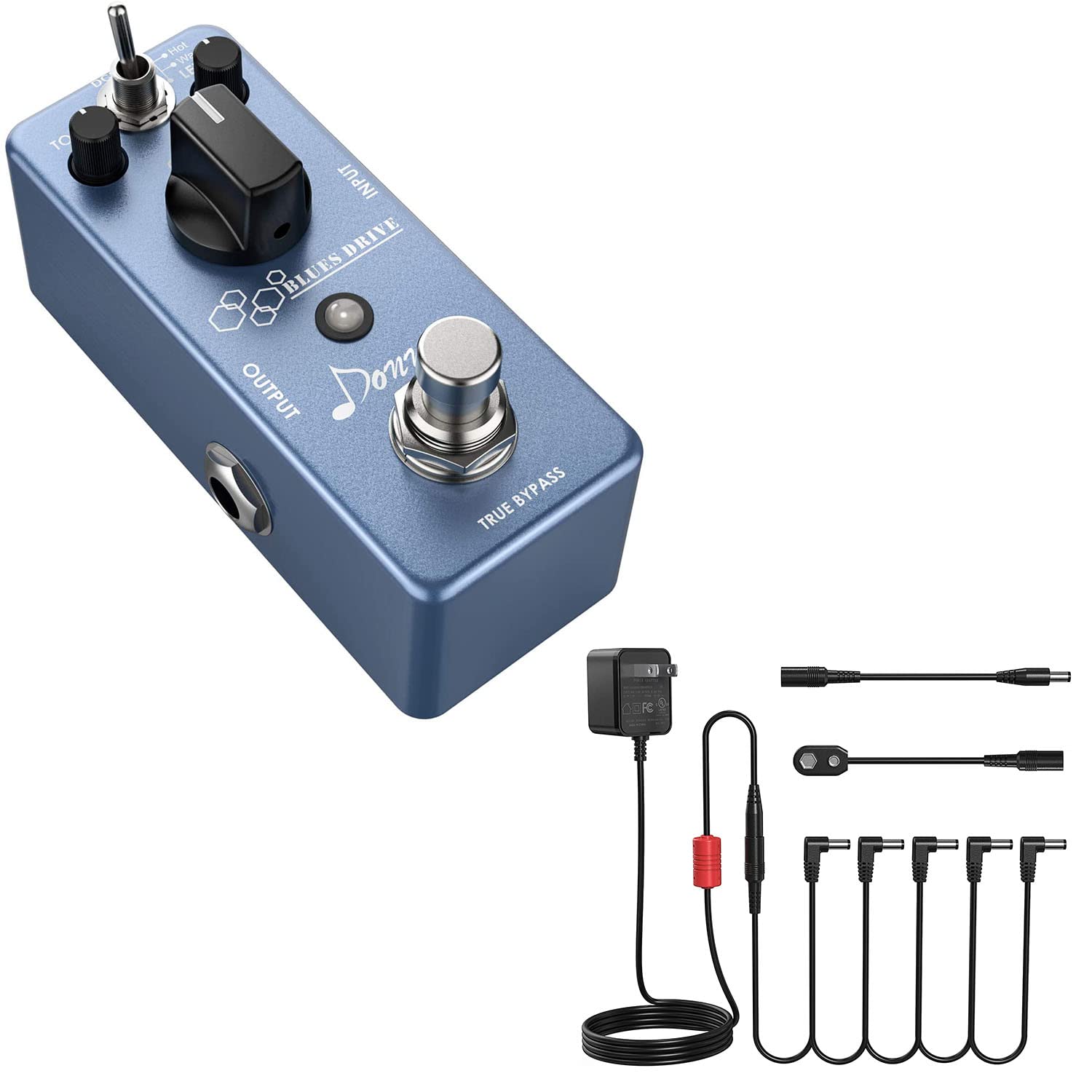 Donner Overdrive Guitar Pedal & DPA-100 Guitar Pedal Power Supply Adapter 9V DC 1A Tip Negative 5 Way Daisy Chain Cables for Effect Pedal