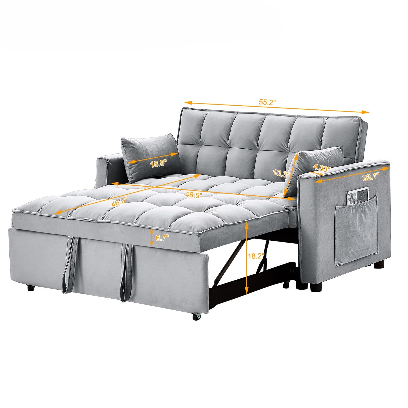 Sleeper Sofa, 3-in-1 Pull Out Couch Bed with Storage Pockets, Convertible Sofa Bed Couch with Chaise for Living Room, 3-Seater Sofa Sleeper with Pull Out Sofa Bed, Modern Loveseat Reclining Sofa Bed