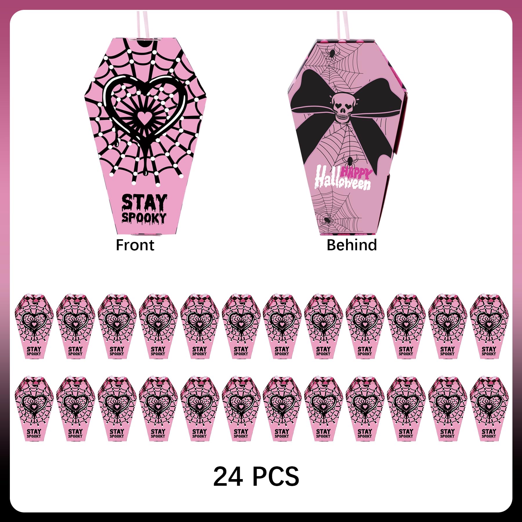 HOMEZZO 24 Pcs Pink Spider Web Coffin Boxes, Spooky Goth Black Conquette Halloween Coffin Paper Candy Treat Gift Boxes for Halloween Party Decorations