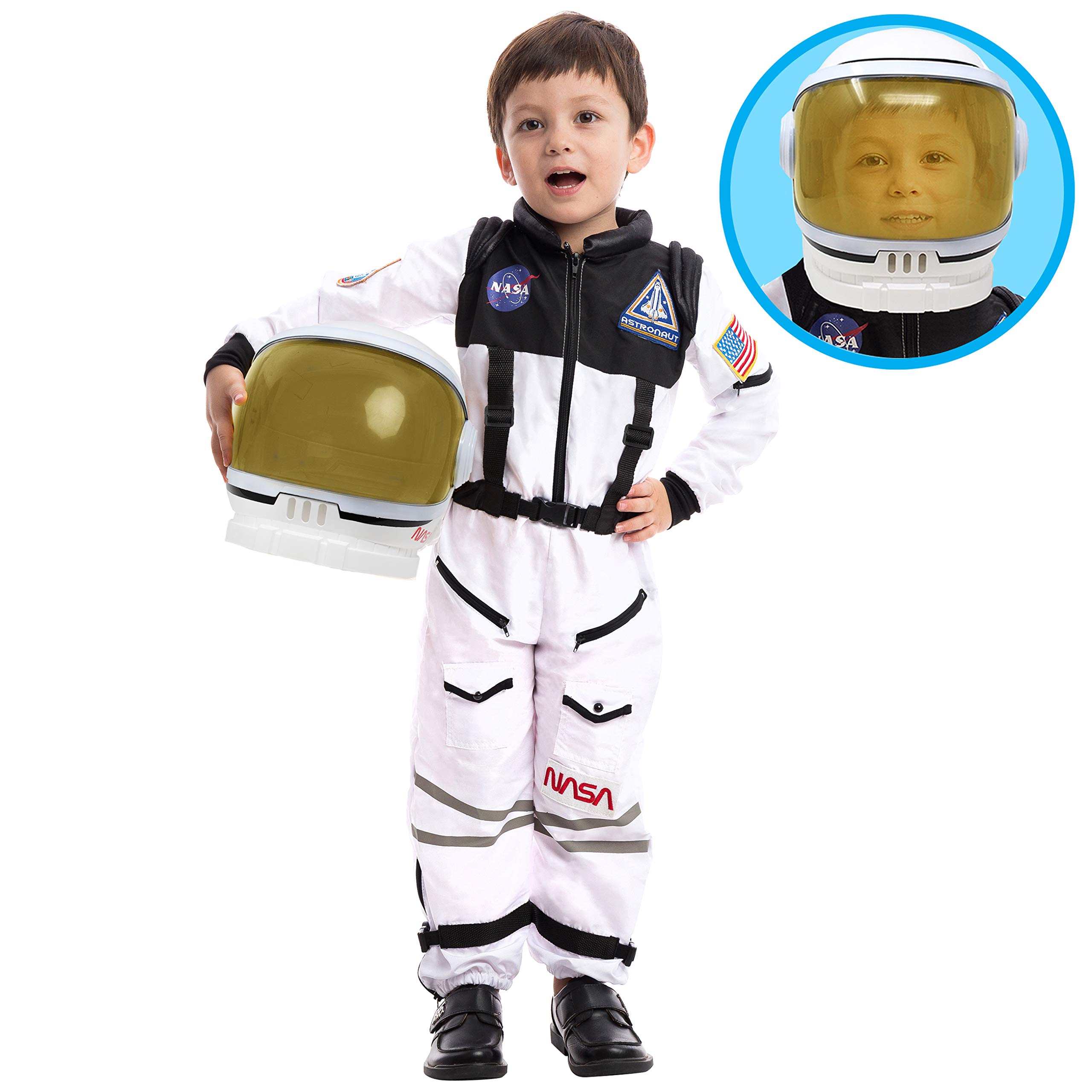 Spooktacular Creations Astronaut Costume with Helmet, Space Suit for Kids and Toddler with Movable Visor Helmet, Kids Astronaut Costume for Halloween Costumes Party Favor Supplies White S